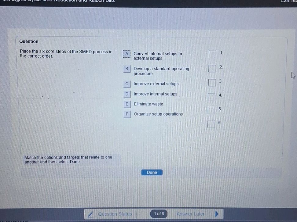 Place the six core steps of the SMED process