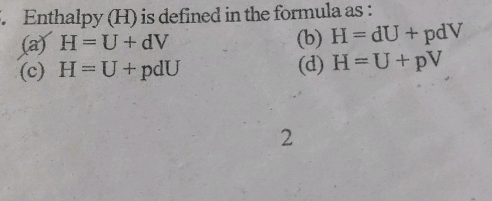 Enthalpy (H) is defined in the formula as