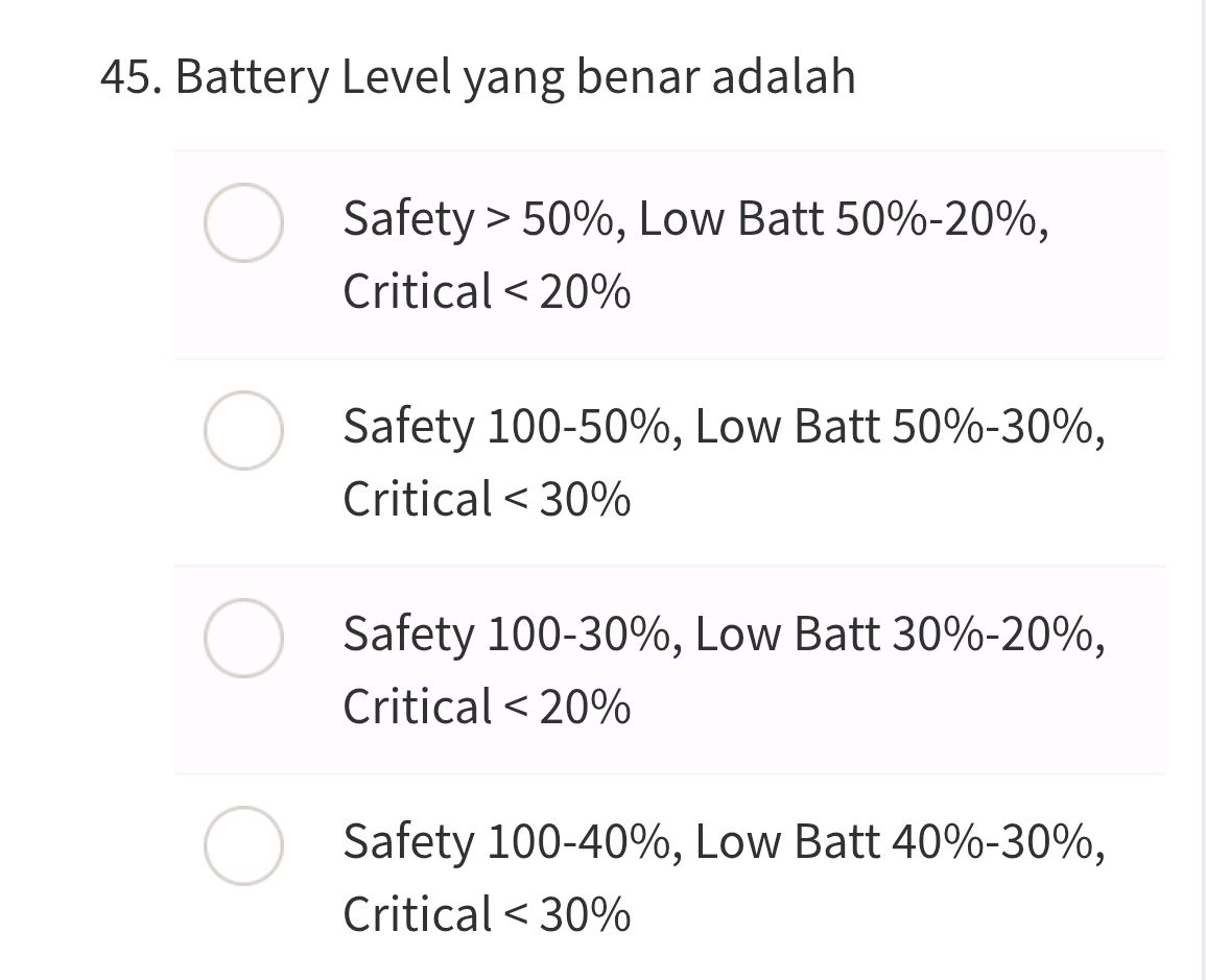 45. Battery Level yang benar adalah Safety | StudyX