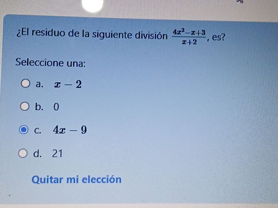¿El residuo de la siguiente división