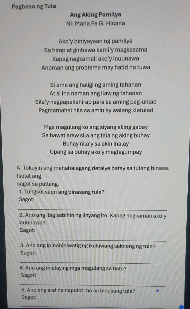 Pagbasa ng Tula Ang Aking Pamilya Ni: Maria