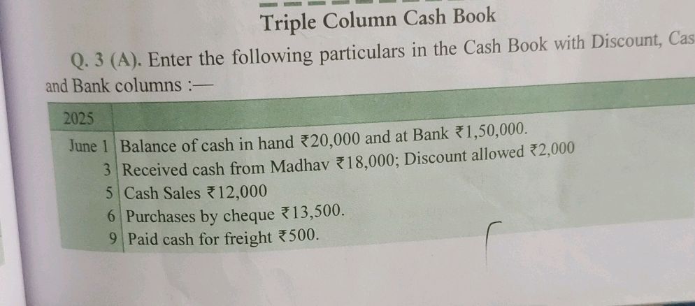 Triple Column Cash Book Q. 3 (A). Enter the | StudyX