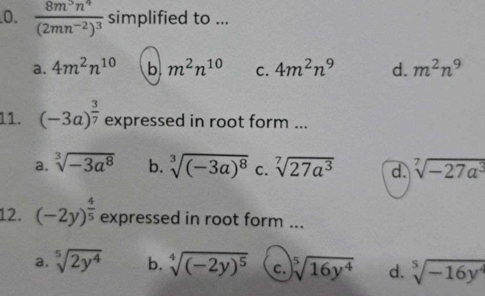 10. {8m^5n^4}{(2mn^{-2})^3} simplified to | StudyX