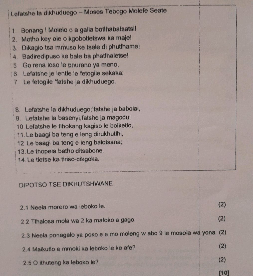 Lefatshe la dikhuduego - Moses Tebogo Molefe | StudyX