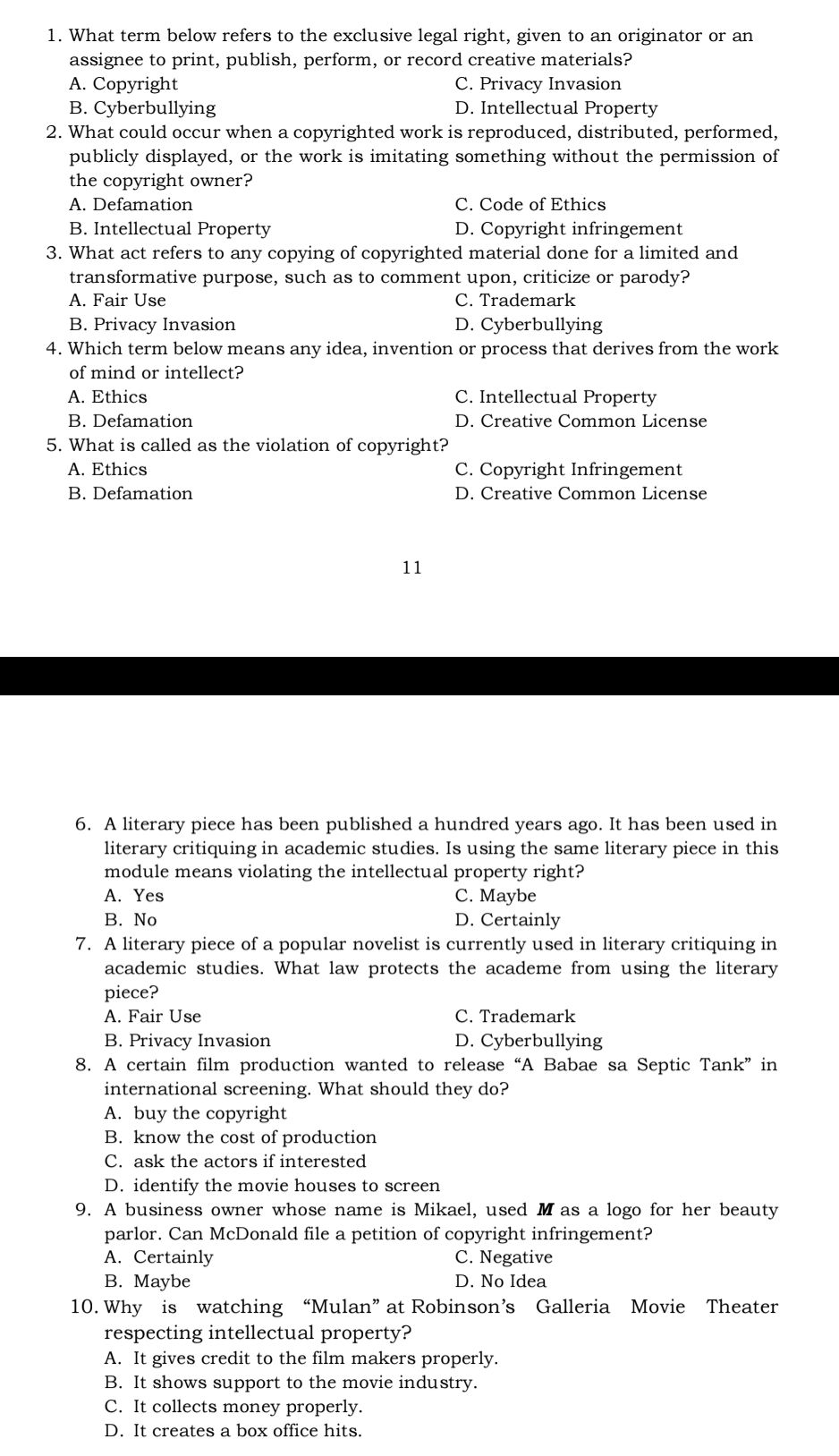 1. What term below refers to the exclusive | StudyX