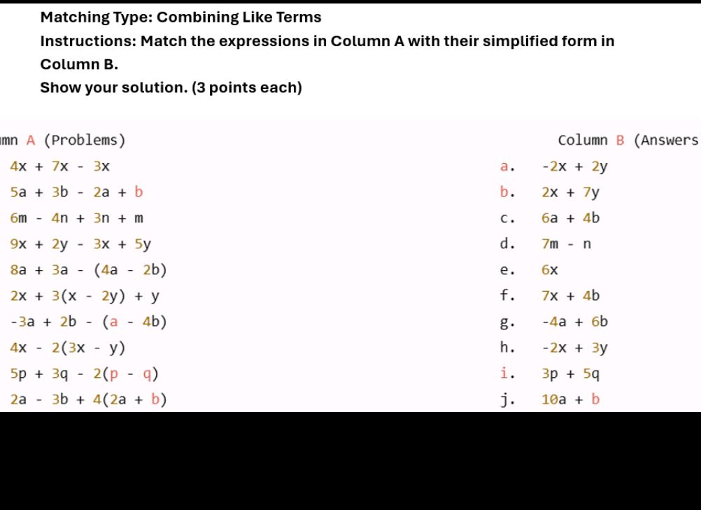 Matching Type: Combining Like Terms | StudyX