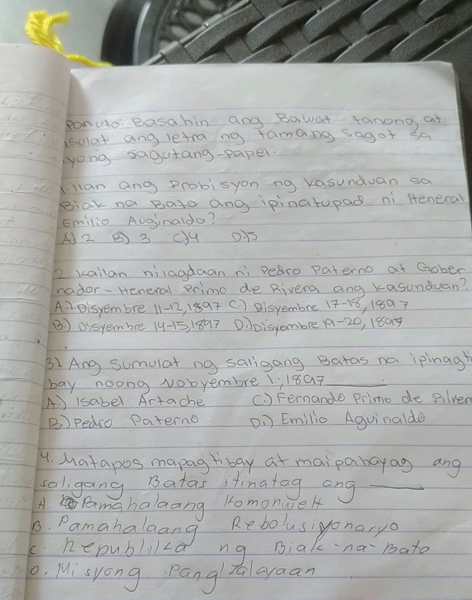 Panuto: Basahin ang Bawat tanong at isulat | StudyX