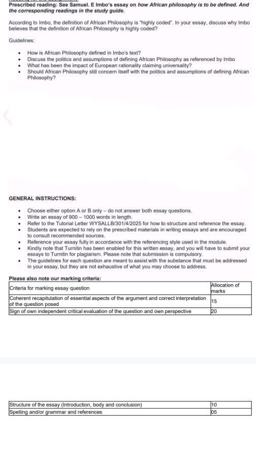 Prescribed reading: See Samuel. E Imbo's | StudyX
