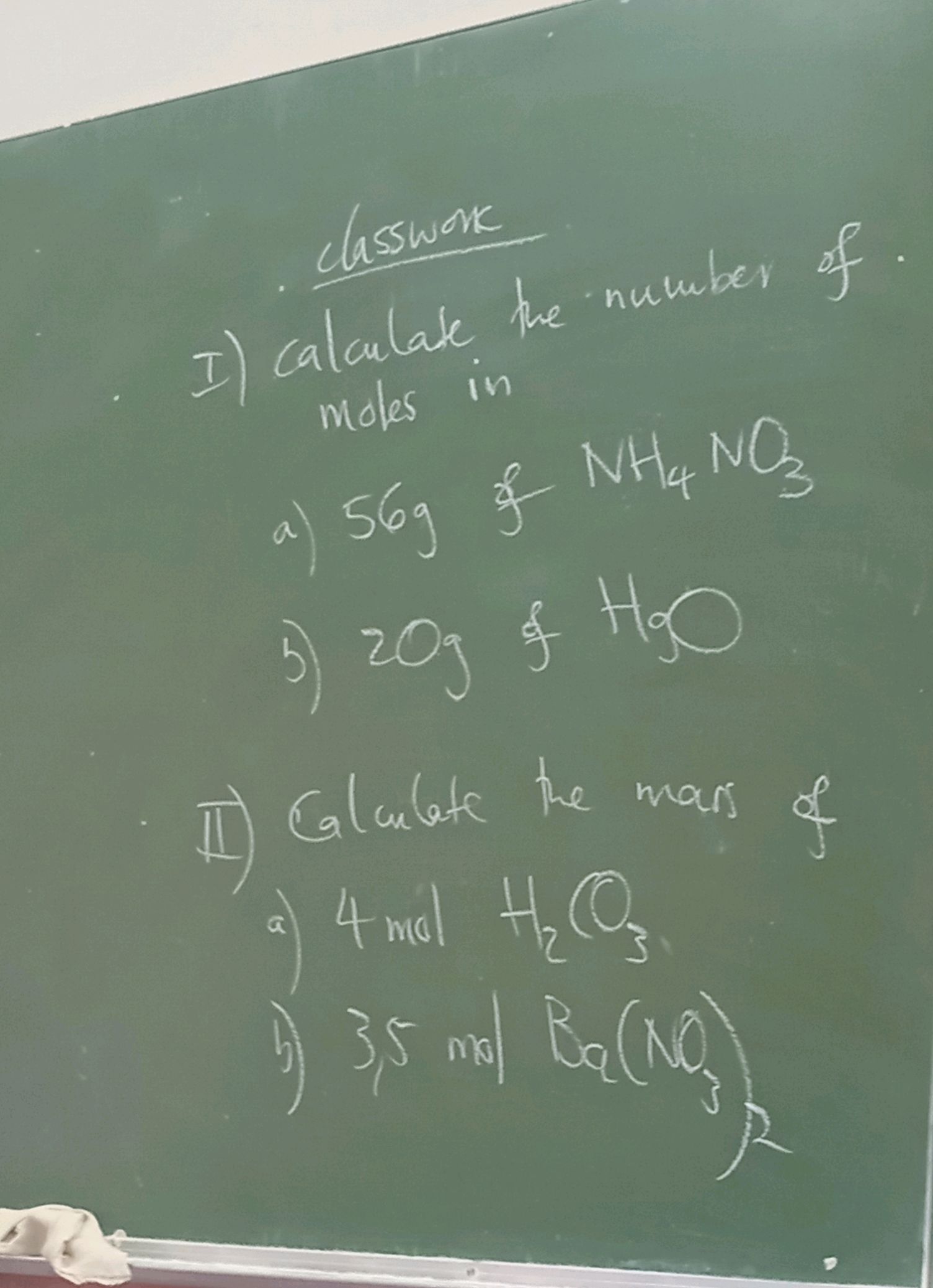 I) calculate the number of moles in a) 56g