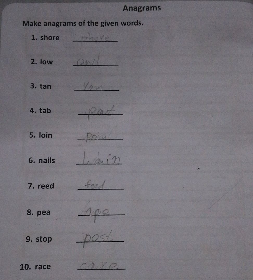 Make anagrams of the given words. 1. shore | StudyX