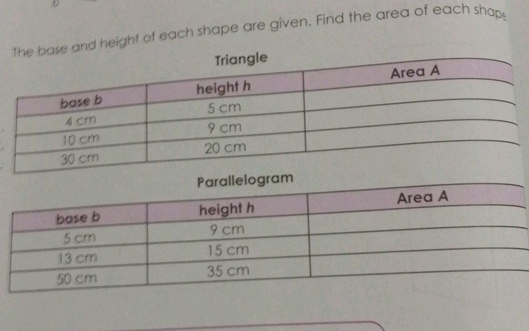 The base and height of each shape are given. | StudyX