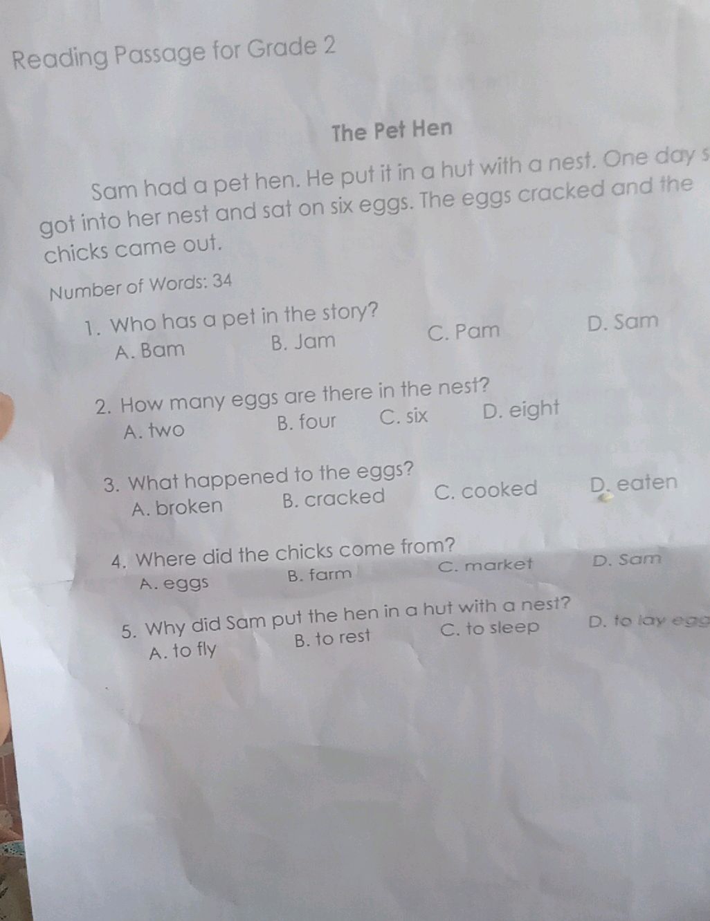 Reading Passage for Grade 2 The Pet Hen Sam | StudyX