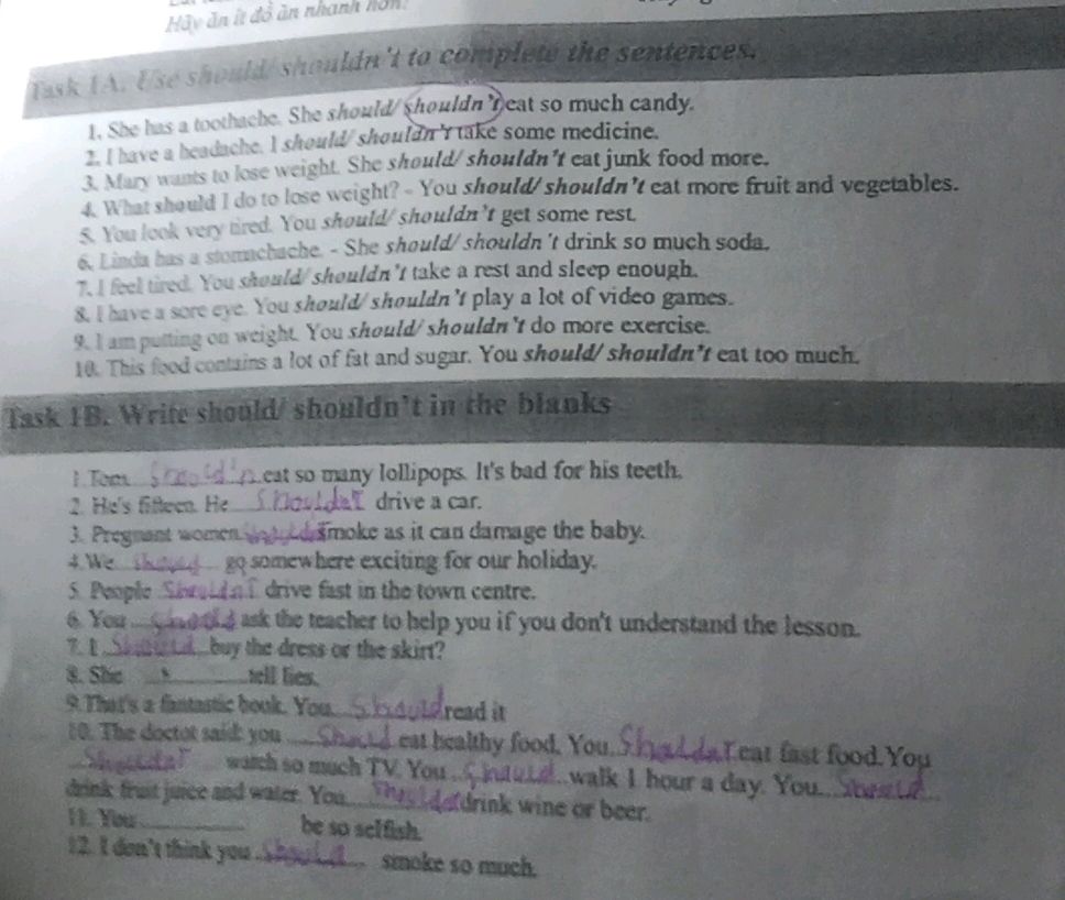 Task 1A. Use should/shouldn't to complete | StudyX