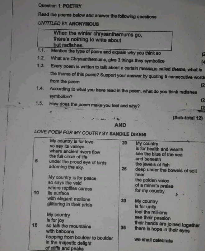 Question 1: POETRY Read the poems below and | StudyX