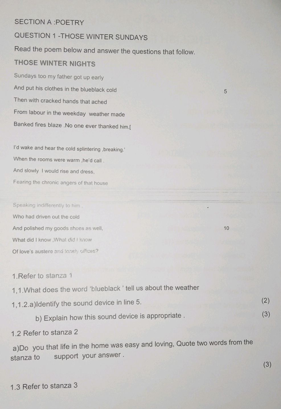 SECTION A: POETRY QUESTION 1 -THOSE WINTER | StudyX