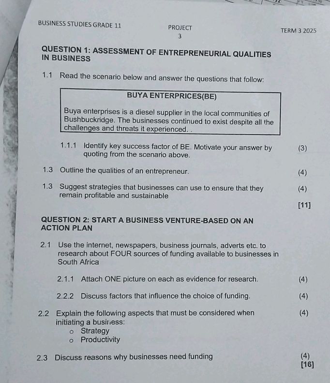 BUSINESS STUDIES GRADE 11 PROJECT 3 TERM 3