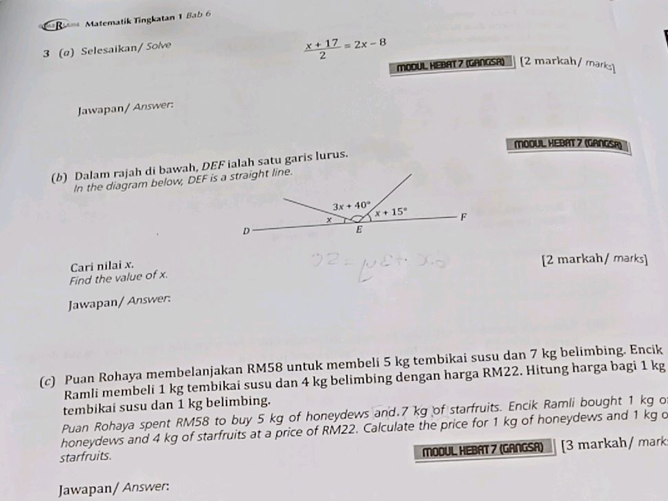 3 (a) Selesaikan/ Solve $ {x+17}{2} = 2x - | StudyX