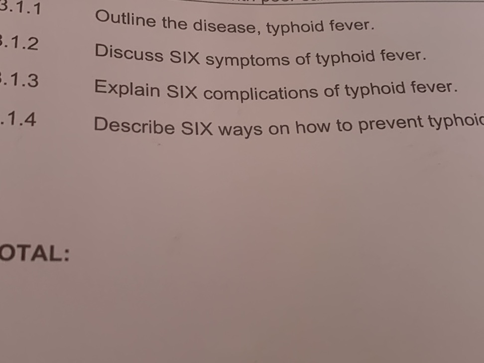 3.1.1 Outline the disease, typhoid fever. | StudyX
