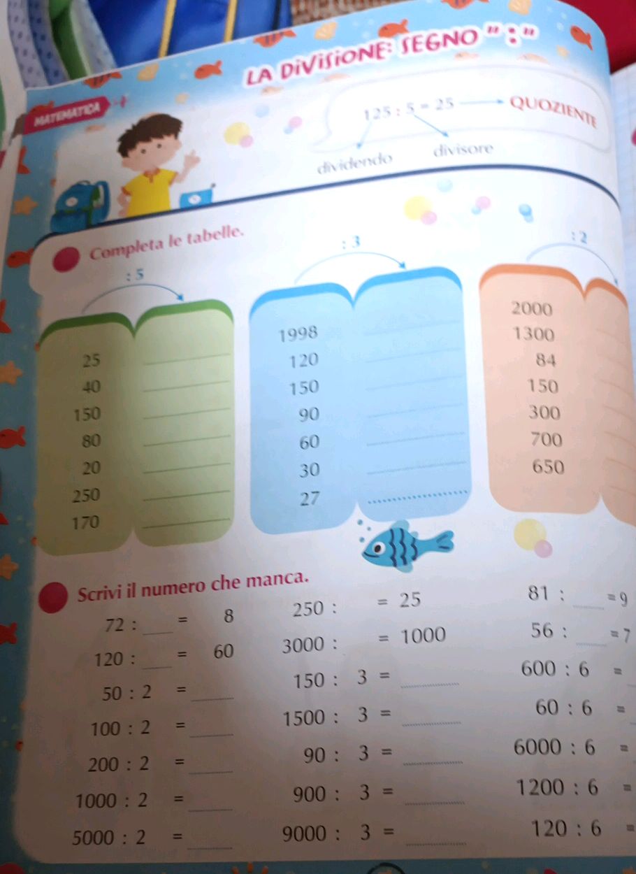 Completa le tabelle. | :5 | | :3 | | :2