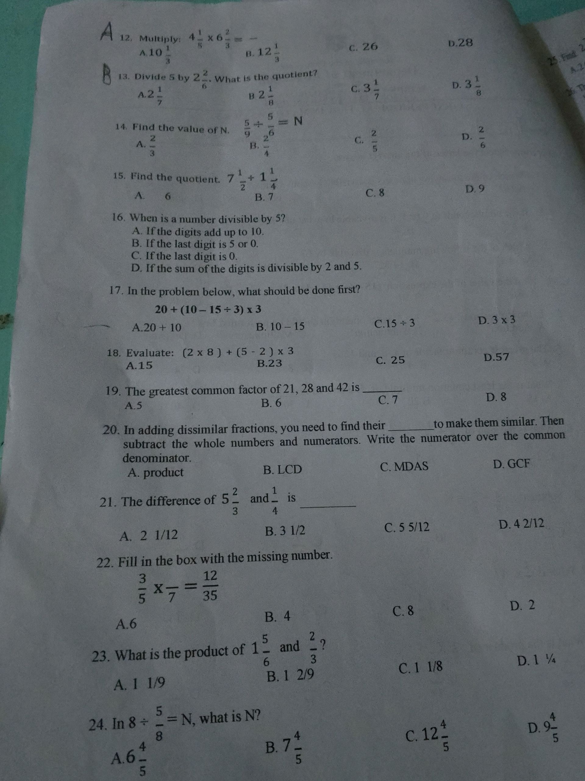 12. Multiply: $4 {1}{5} 6 {2}{3} = -$ A. | StudyX