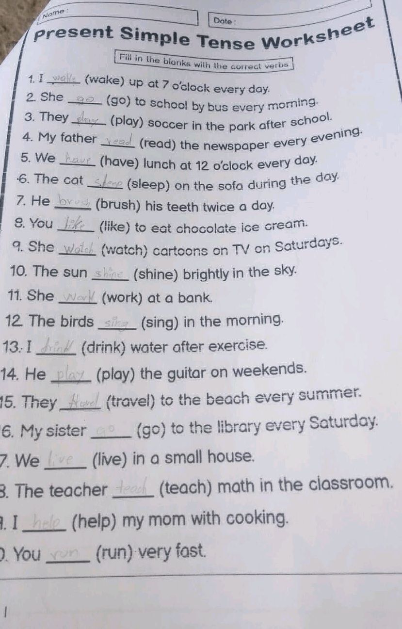 Present Simple Tense Worksheet Fill in the