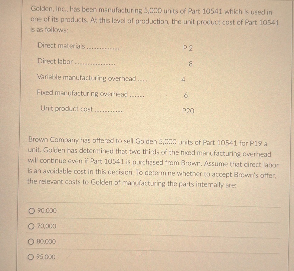 Golden, Inc., has been manufacturing 5,000