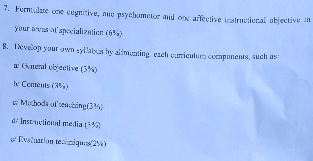 Formulate one cognitive, one psychomotor and | StudyX