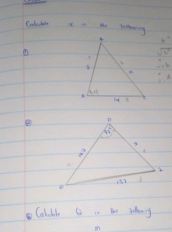 Calculate x in the following (1) A triangle