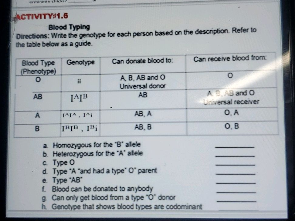 Blood Typing Directions: Write the genotype