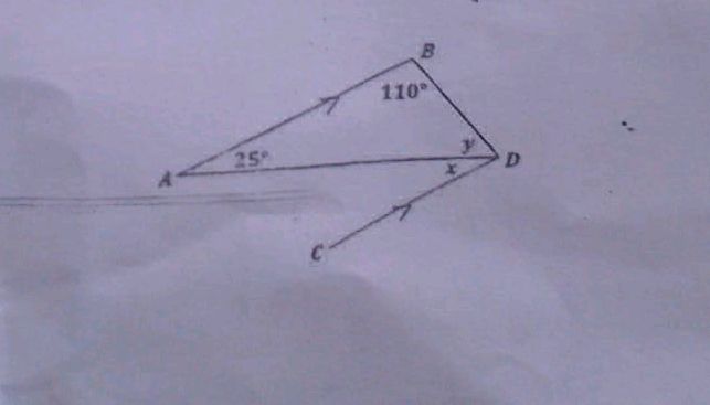 In the figure, angle B is 110 degrees and