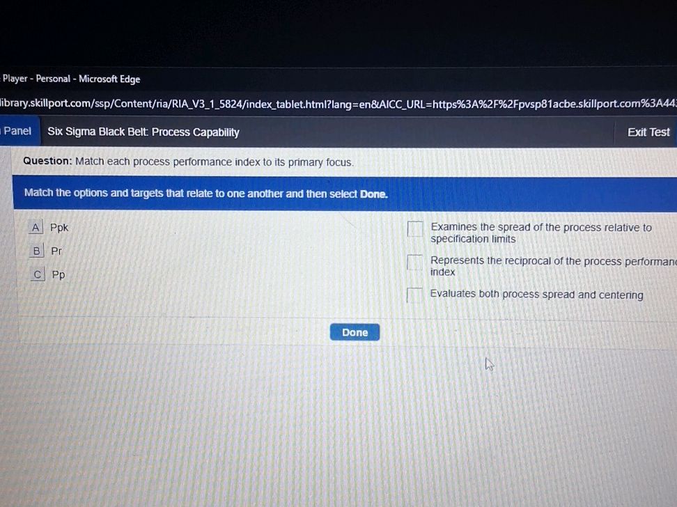 Match each process performance index to its | StudyX
