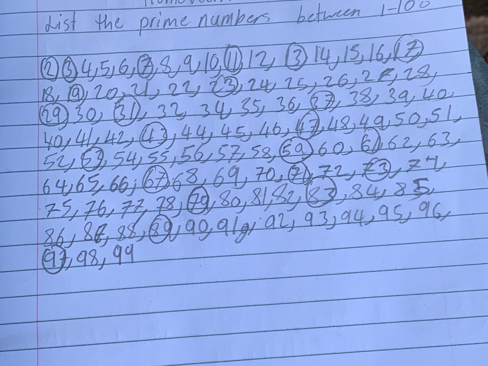 List the prime numbers between 1-100 2, 3, | StudyX