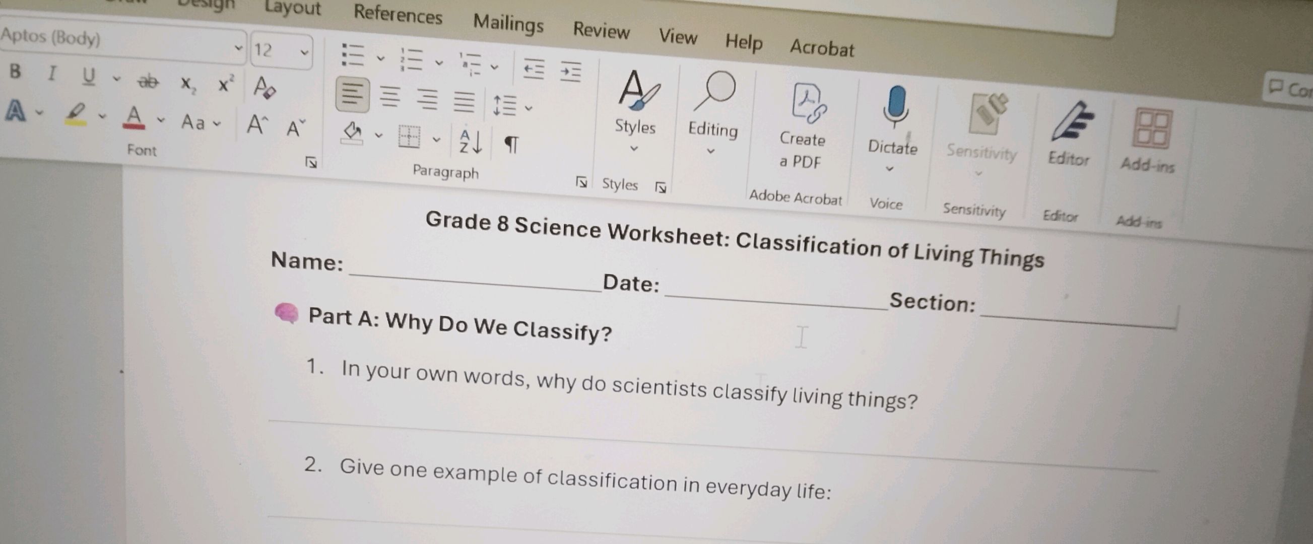 Grade 8 Science Worksheet: Classification of | StudyX