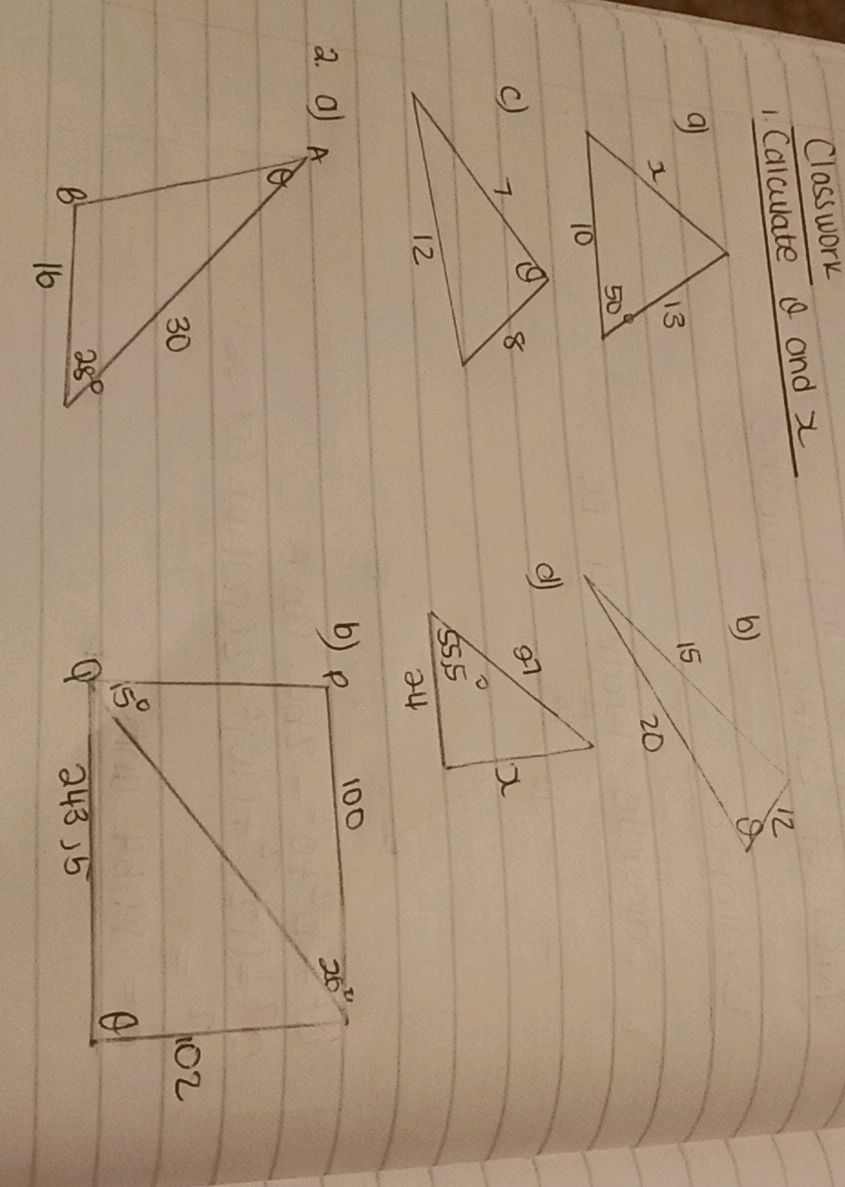 Calculate θ and x a) Triangle with sides 10,