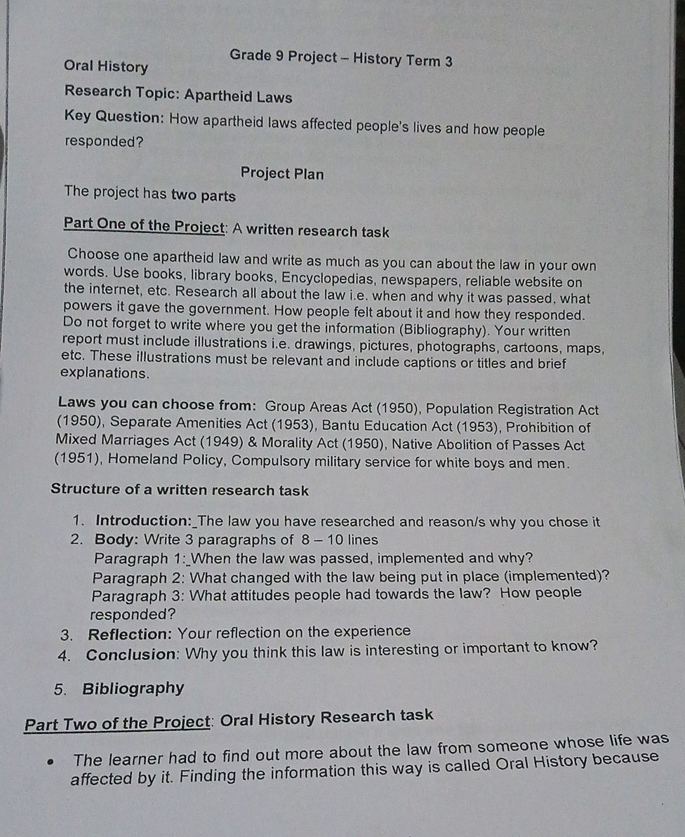 Oral History Research Topic: Apartheid Laws | StudyX