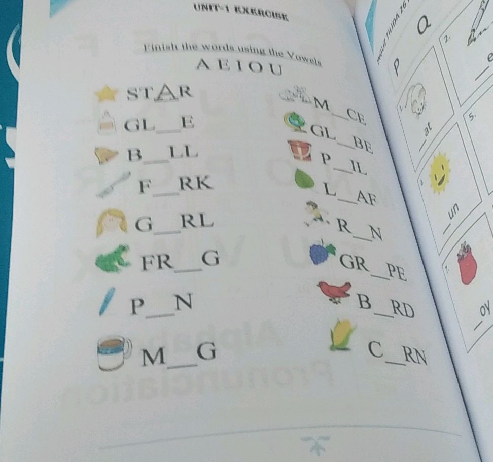 Finish the words using the Vowels AEIOU STAR