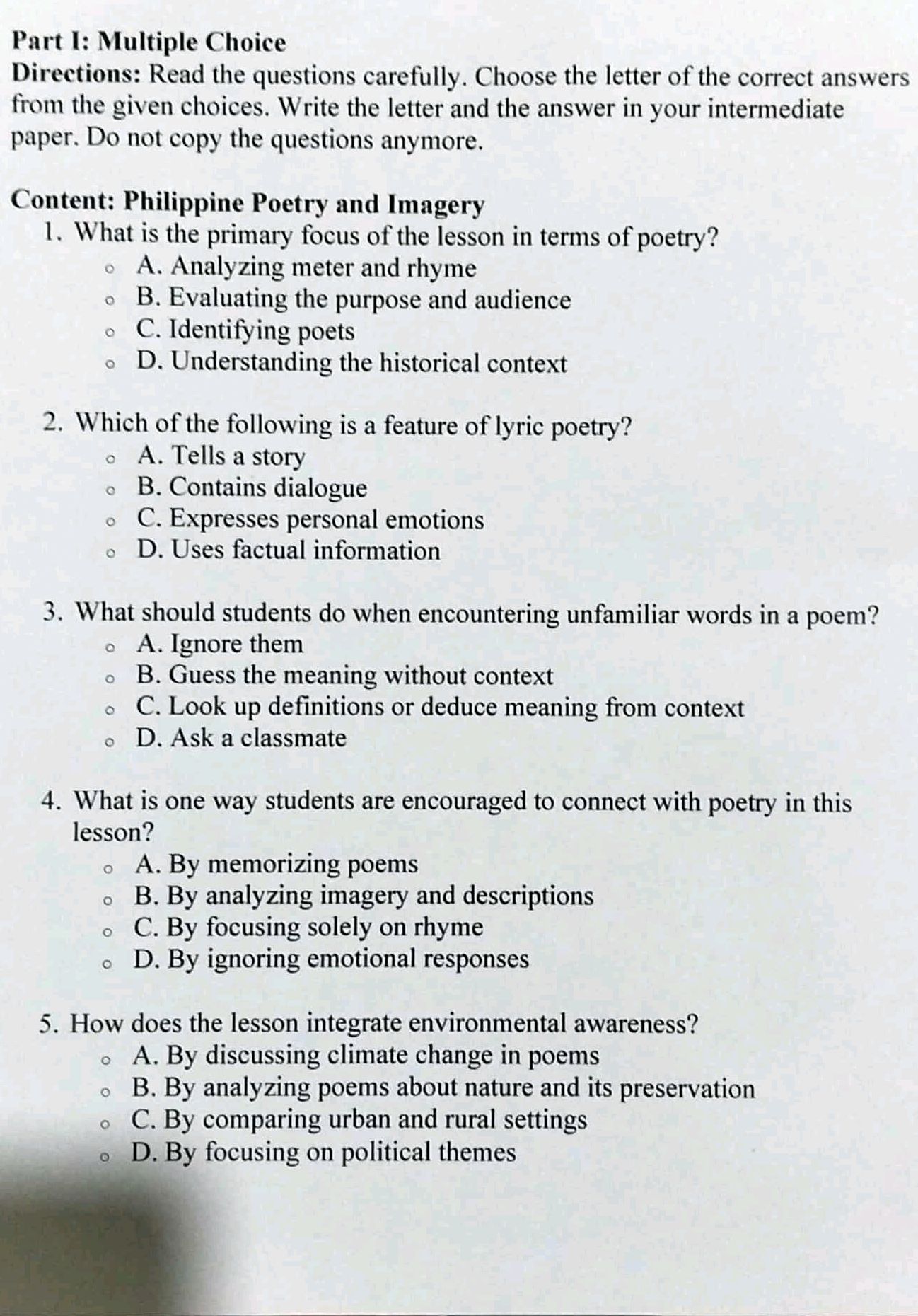 Part I: Multiple Choice Directions: Read the | StudyX