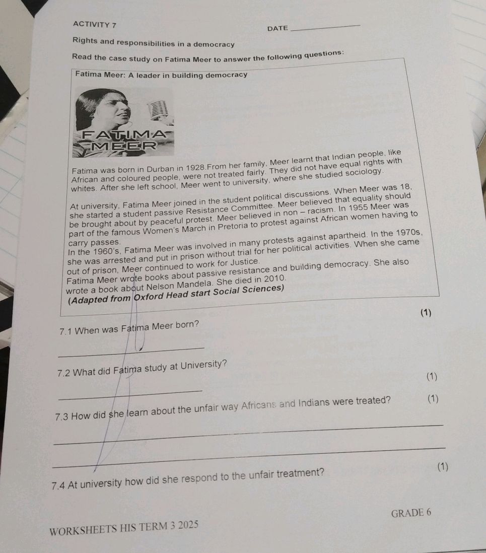 Read the case study on Fatima Meer to answer
