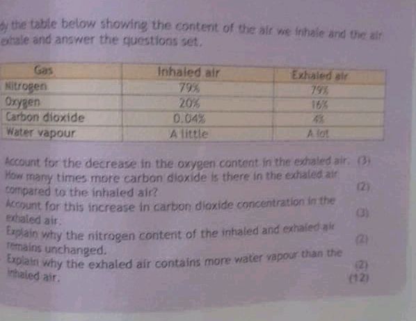 The table below shows the content of the air