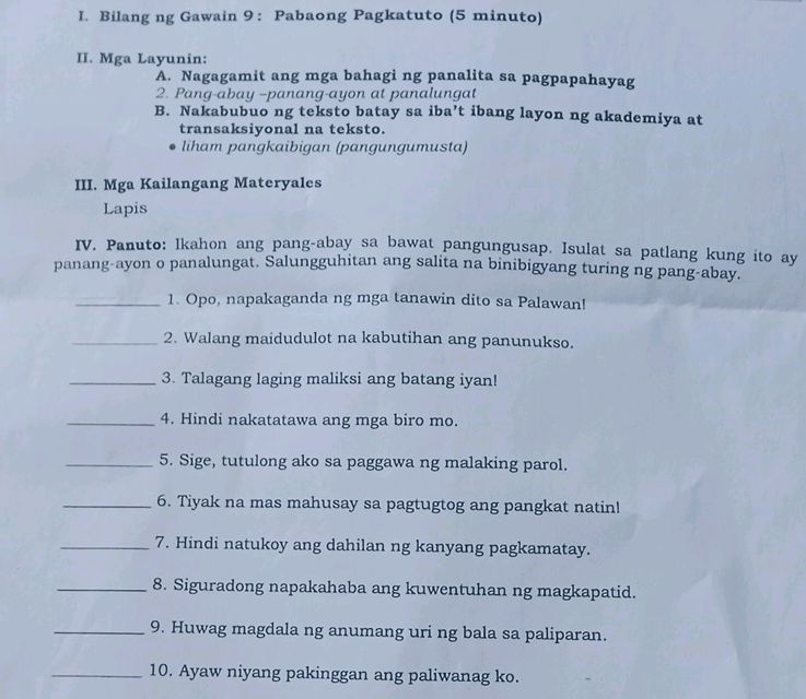 I. Bilang ng Gawain 9: Pabaong Pagkatuto (5 | StudyX