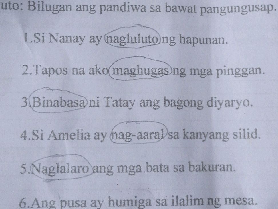 uto: Bilugan ang pandiwa sa bawat