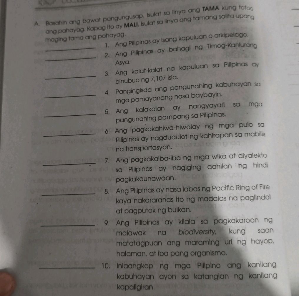 A. Basahin ang bawat pangungusap. Isulat sa