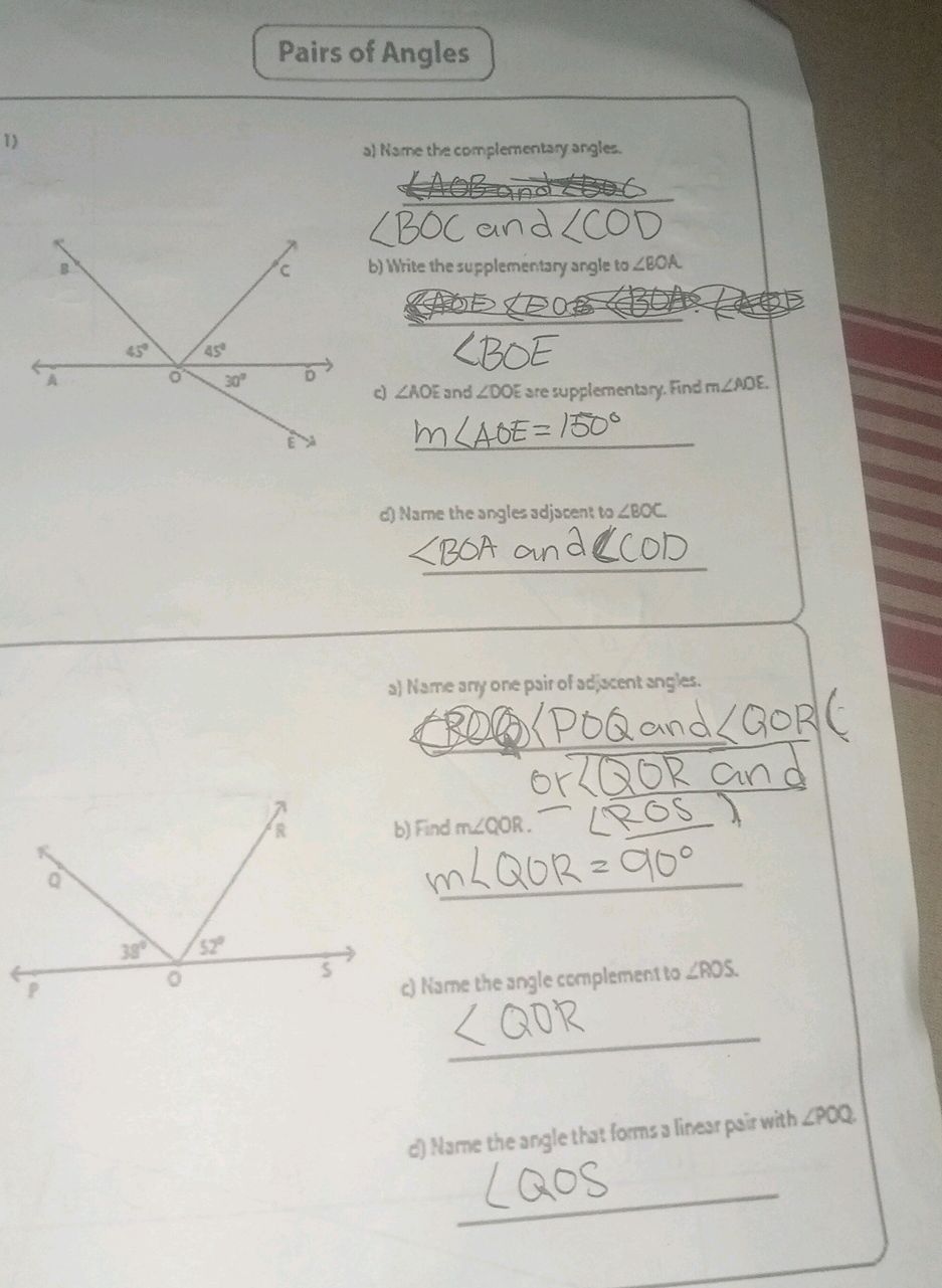 a) Name the complementary angles.