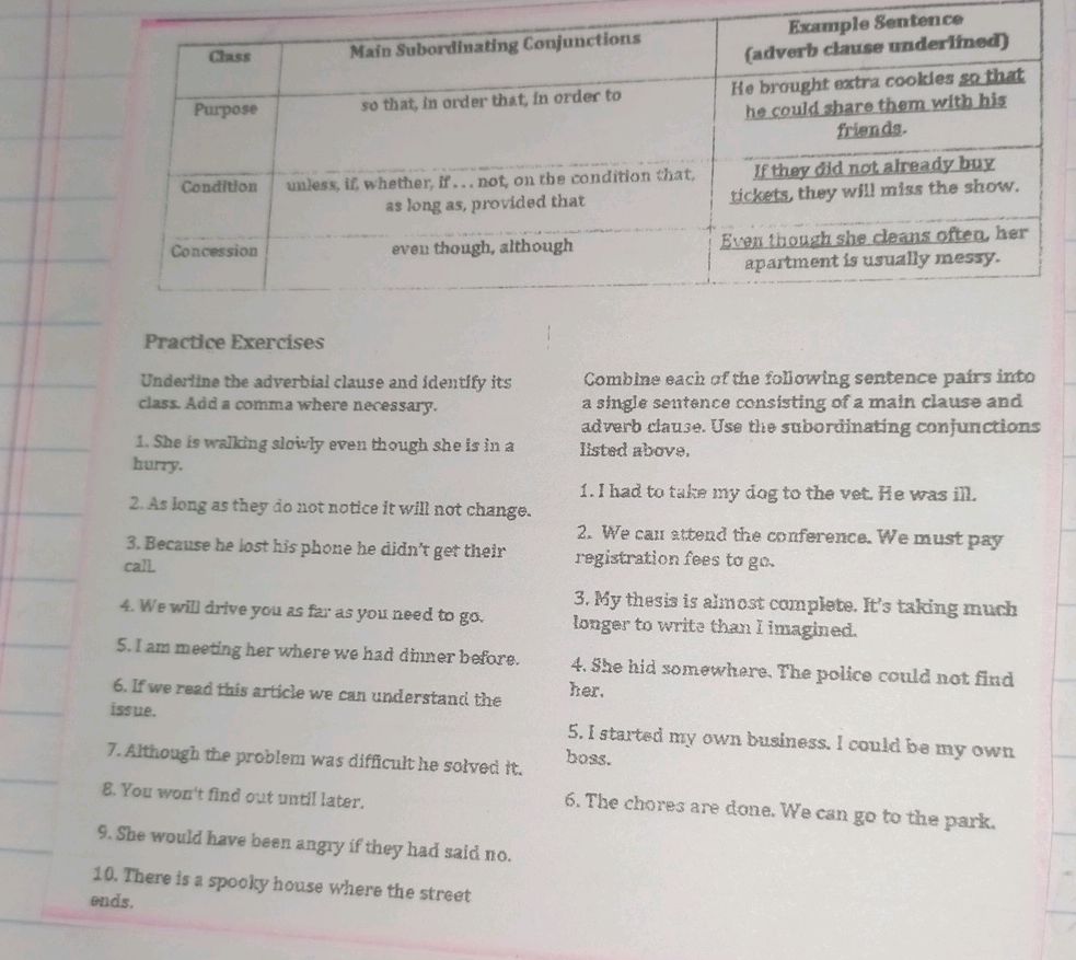 Main Subordinating Conjunctions | Class | | StudyX