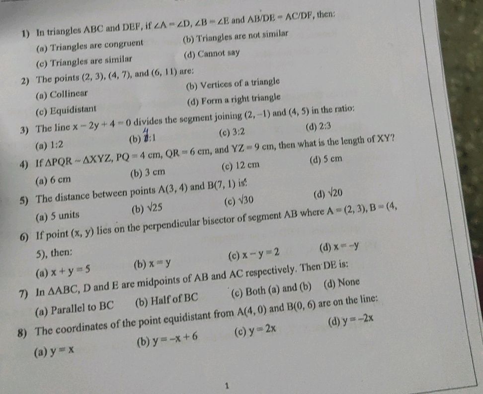 1) In triangles ABC and DEF, if ∠A=∠D, ∠B=∠E | StudyX