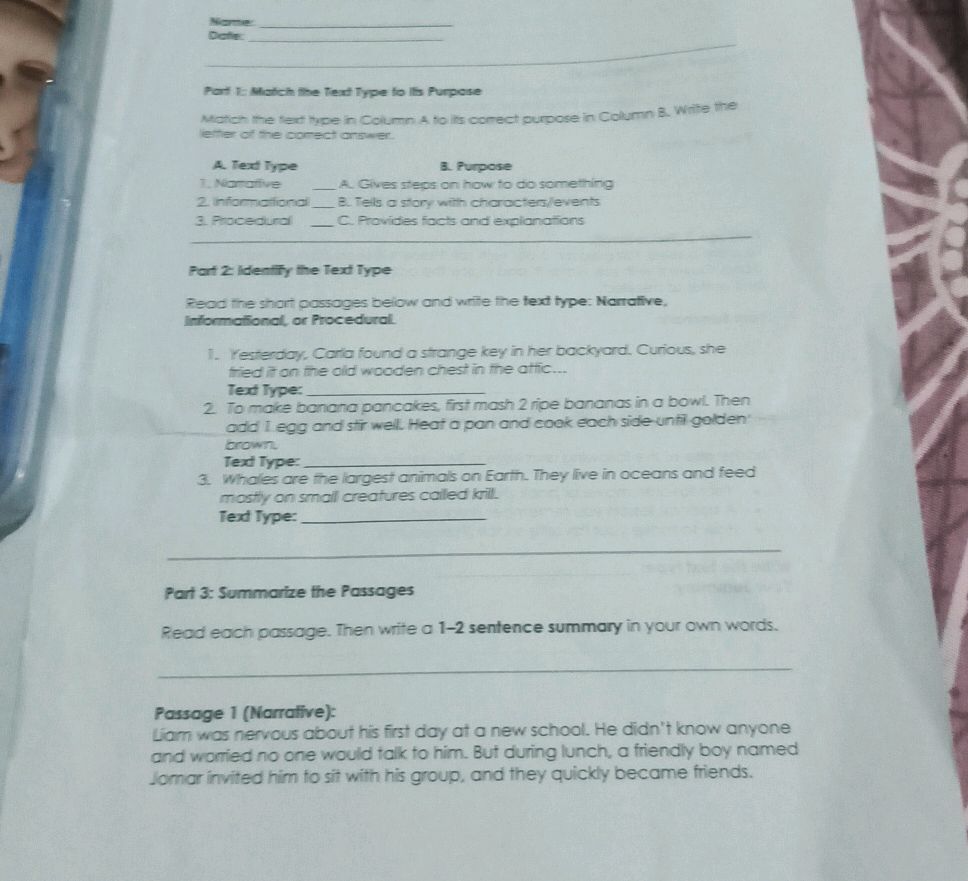 Part 1: Match the Text Type to its Purpose