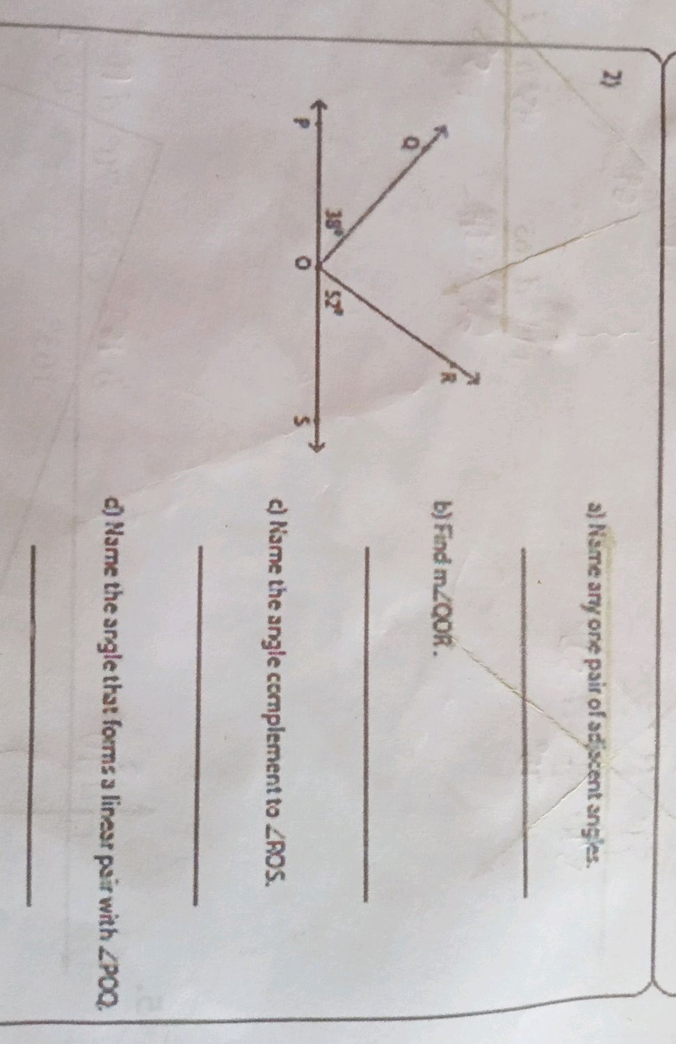 a) Name any one pair of adjacent angles. b)