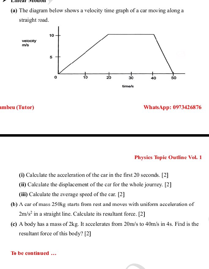 (a) The diagram below shows a velocity time