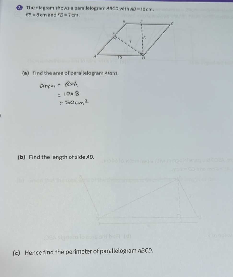 The diagram shows a parallelogram ABCD with