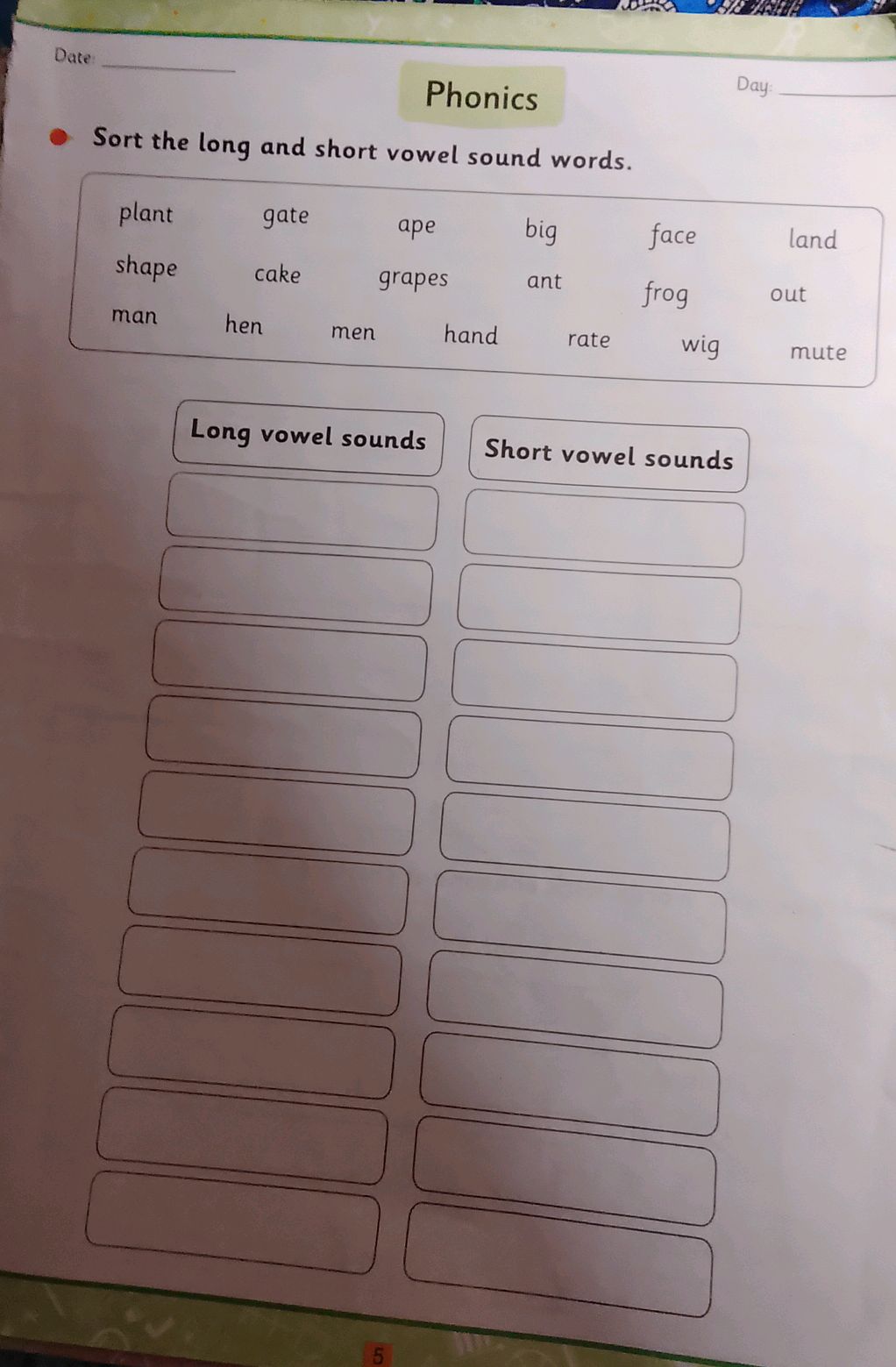 Sort the long and short vowel sound words. | StudyX
